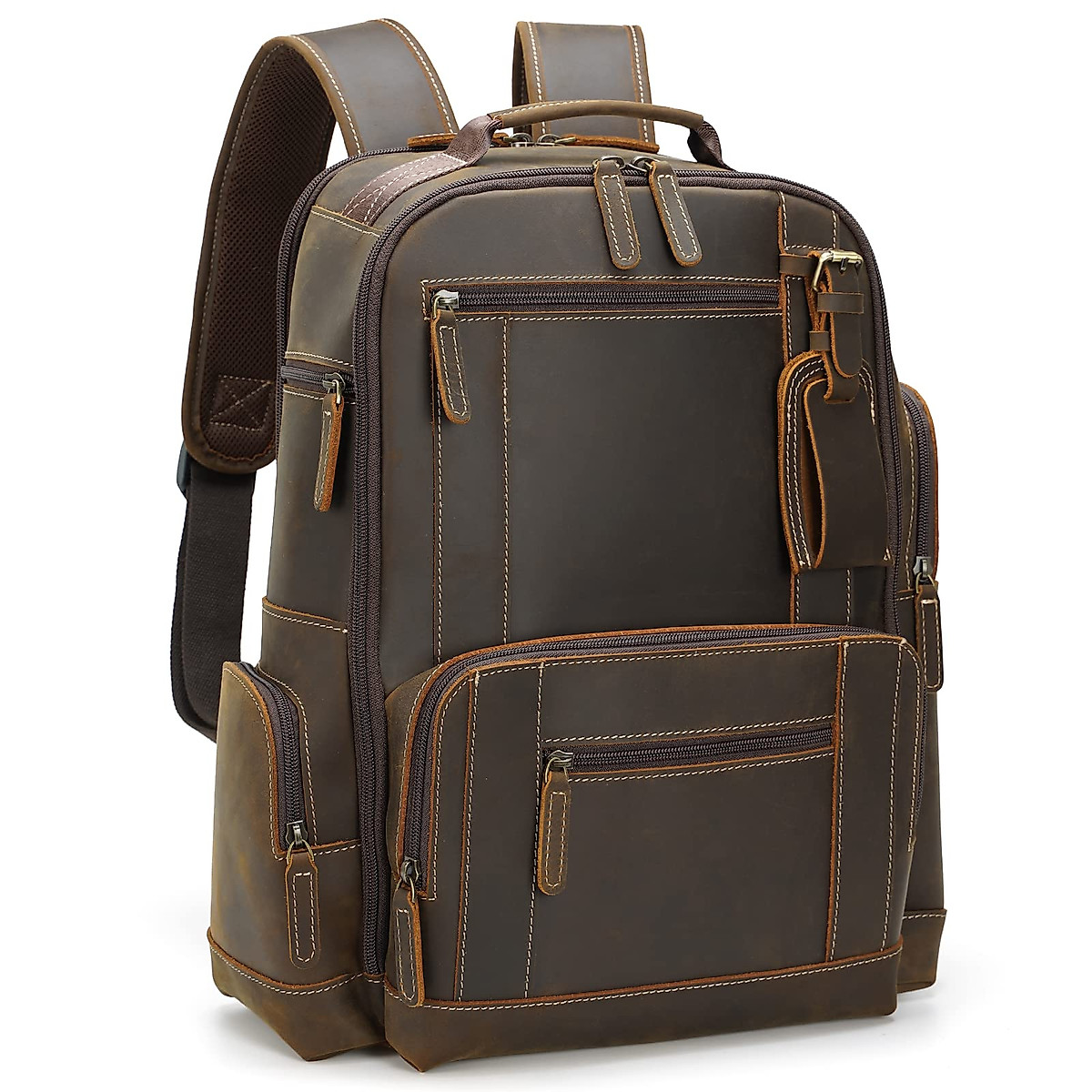 Compalo Leather Backpack for Men, Full Grain Genuine Leather 15.6 Inch Travel Backpack Laptop Bag for Work, Business, Camping, Hiking Backpack Rucksack Brown