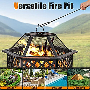 Giantex 26 Inch Outdoor Fire Pit, Large Hexagonal Fire Bowl with Spark Screen Cover and Poker, Wood Burning Firepit for Outside Camping Garden Patio Backyard