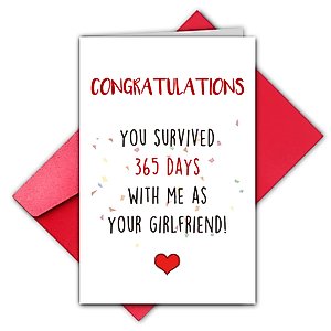 TQDaiker 1 Year Anniversary Card for Boyfriend, 1st Anniversary Card from Girlfriend, First Anniversary Card (You Survived 365 Days with Me)