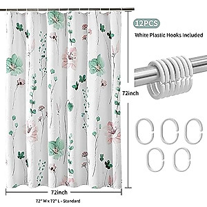 QiyI Watercolor Floral Shower Curtain, 3D Embossed Butterflies Sage Green Flower Bathroom Curtain, Minimalist White Cloth Bath Curtain, Waterproof Fabric Textured Shower Curtain Set with Hooks, 72x72