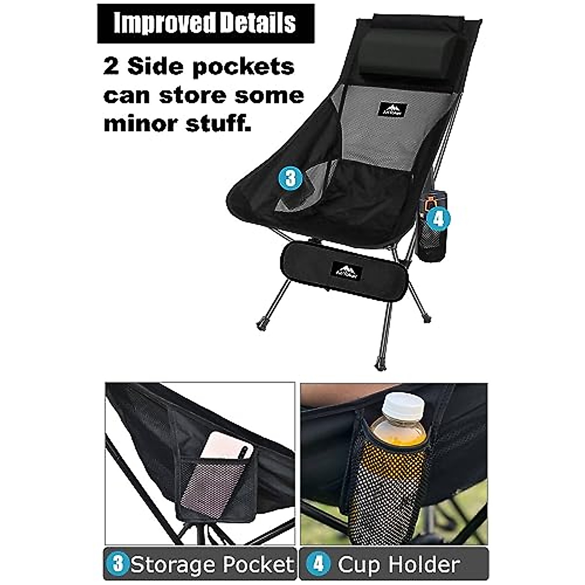 AnYoker Camping Chair, High-Back Compact Backpacking Chair, Portable Folding Chair, Beach Chair with Side Pocket and headrest, Lightweight Hiking Chair 0066ZZ (Black)