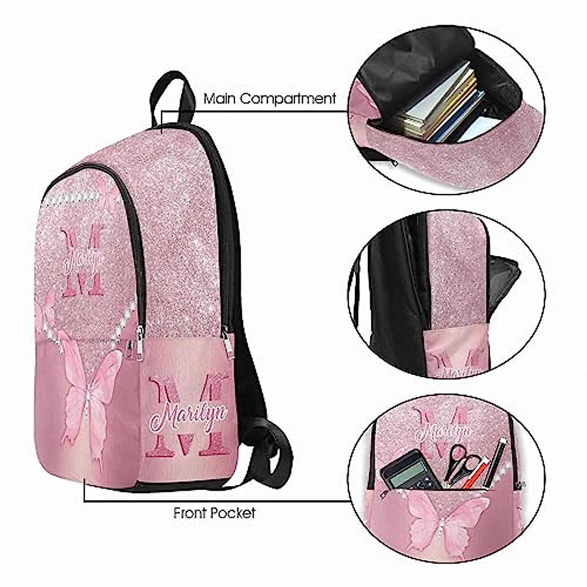 Personalized School Backpack with Name Text Pink Butterfly Diamond Custom Bookbag for Kids Boys Girls, Waterproof Elementary Customize Book Bag with Adjustable Shoulder Straps for School Travel