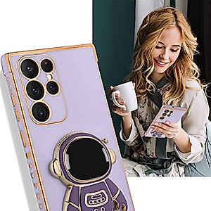 AIGOMARA 6D Plating Astronaut Hidden Stand Case Cover for Samsung Galaxy S22 Ultra 5G Women Astronaut Folding Bracket Kickstand iPhone Case with Camera Protector Soft TPU Shockproof Bumper - Purple