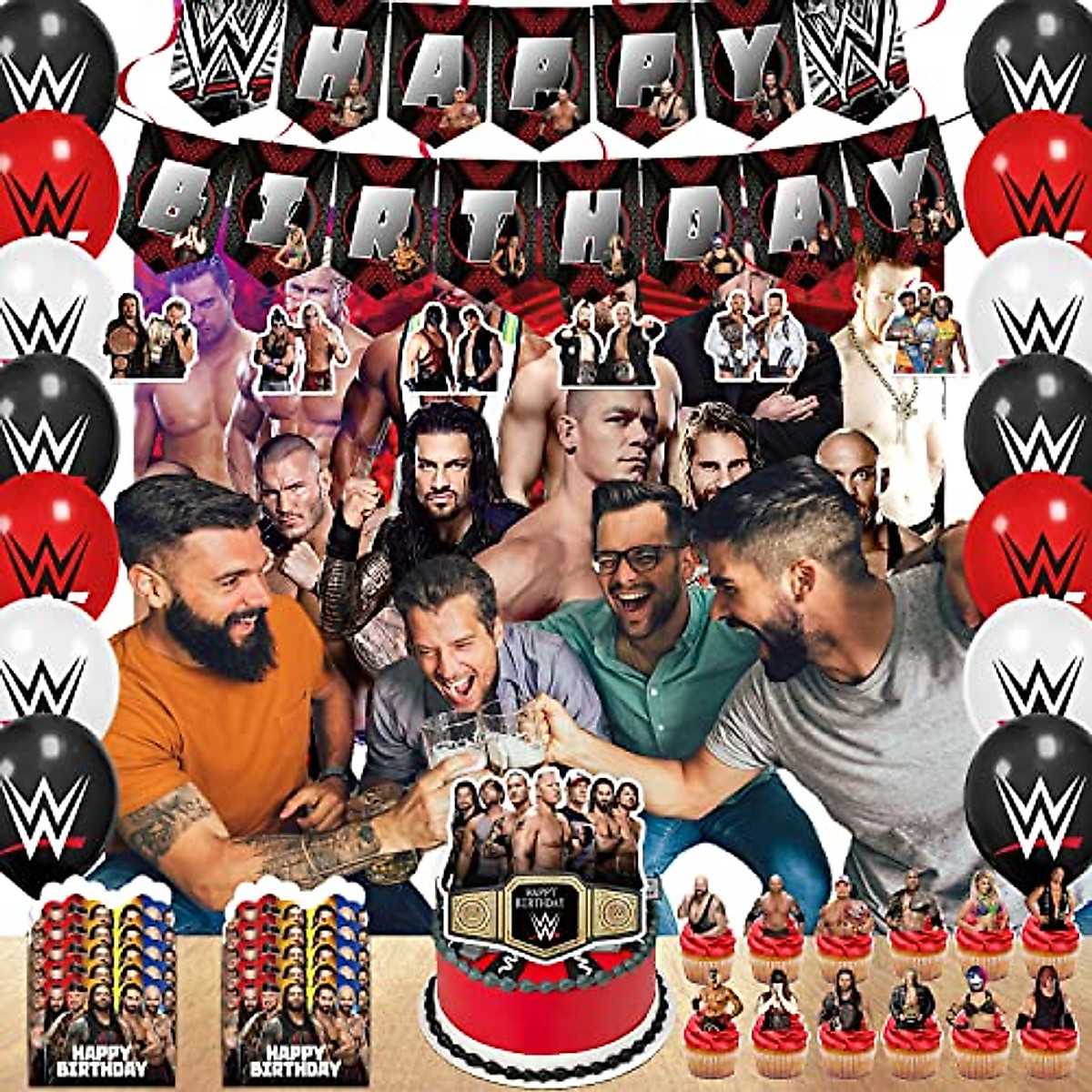 Wrestling Birthday Party Decorations, Wrestling Party Supplies Set Include Banners, Cake Topper, Cupcake Toppers, Balloons, Hanging Swirls, Invitation Cards, Background, Boxing Match Birthday Party Decorations for Boys