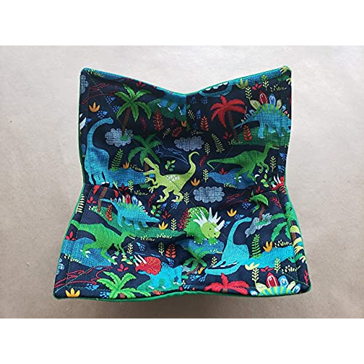 Dinosaur Microwave Bowl Cozy Dino Reversible Microwaveable Potholder Paleontologist Bowl Buddy Children's Kitchen Linens Tyrannosaurus Rex Raptor Kid Gifts Under 10 Handmade Birthday