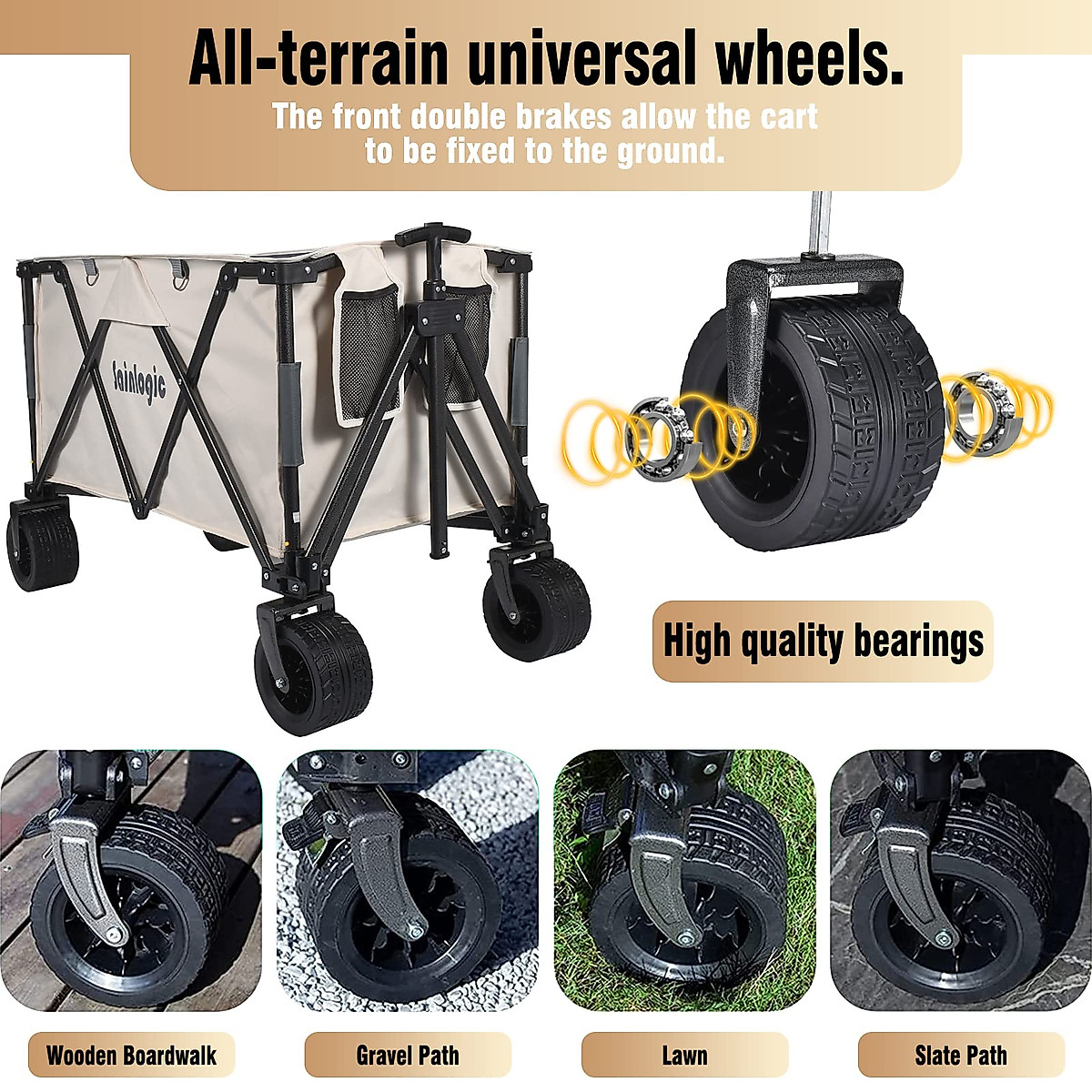 Sainlogic 300L Collapsible Folding Wagon with 450Lbs Large Capacity, Wagons Carts Heavy Duty Foldable with Big All-Terrain Beach Wheels & Drink Holders (Off-white)