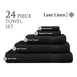 Lane Linen 24 Piece Bathroom Towels - 100% Cotton Turkish Towel Set, Quick dry, 2 Bath Towels Extra Large (Bath Sheet), 4 Bath Towels, 6 Hand Towel, 8 Wash Cloths for body and face,4 Bar Towel - Black