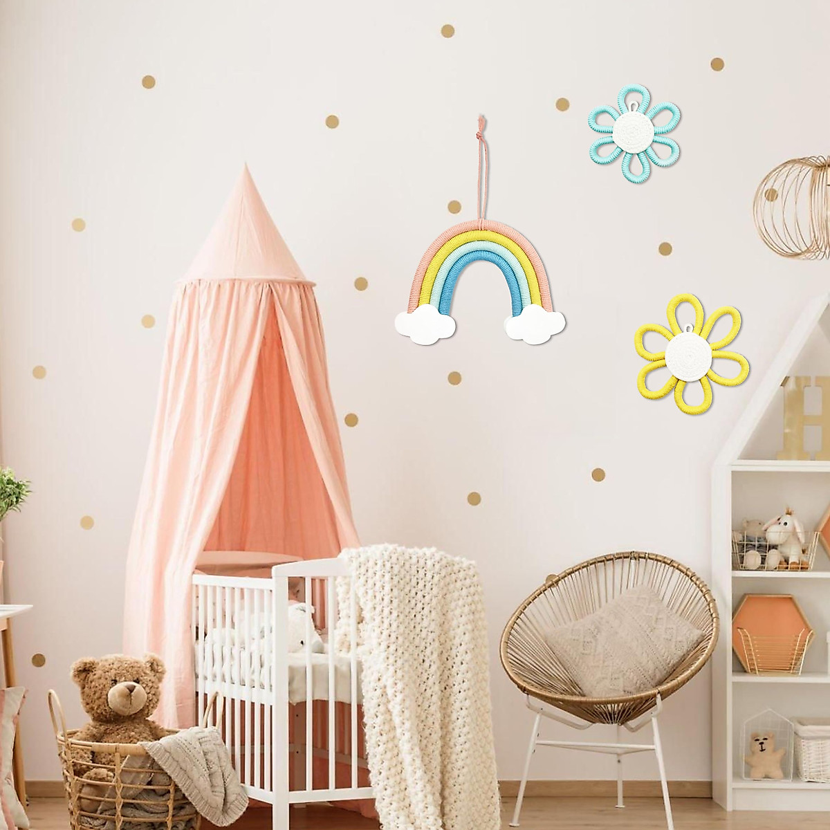 Boho Nursery Decor for Girl Woven Daisy Flower Decor Rainbow Macrame Wall Hanging Baby Girls Kids Nursery Home Bedroom Room Dorm Decor,3PCS
