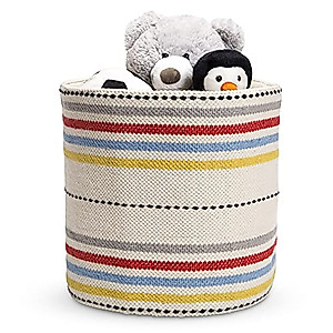 Delta Children Baby Hamper or Toy Storage Basket, Hand Woven from Wool and Cotton, Durable Cute Basket for Organizing for Living Room, Nursery or Bathroom (16x16 Inches, Stripes)