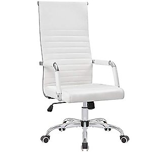 KaiMeng Ribbed Office High Back PU Leather Desk Adjustable Swivel Task Computer Chair with Armrest for Conference Study Leisure, White