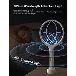 YISSVIC Electric Fly Swatter 4000V Bug Zapper Racket Dual Modes Mosquito Killer with Purple Mosquito Light Rechargeable for Indoor Home Office Backyard Patio Camping (White)