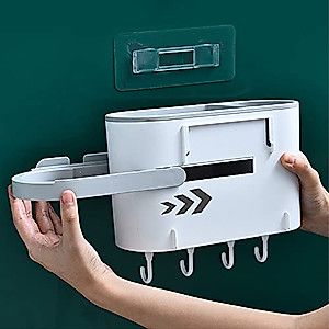 AFULILI Wall Mounted Bathroom Storage Rack, Punch-Free Bathroom Organizers with Hair Dryer Holder, Multi-Functional Hair Styling Tool Organizer, Storage Rack with Drawer Plug Holder & 4 Hooks (Black)