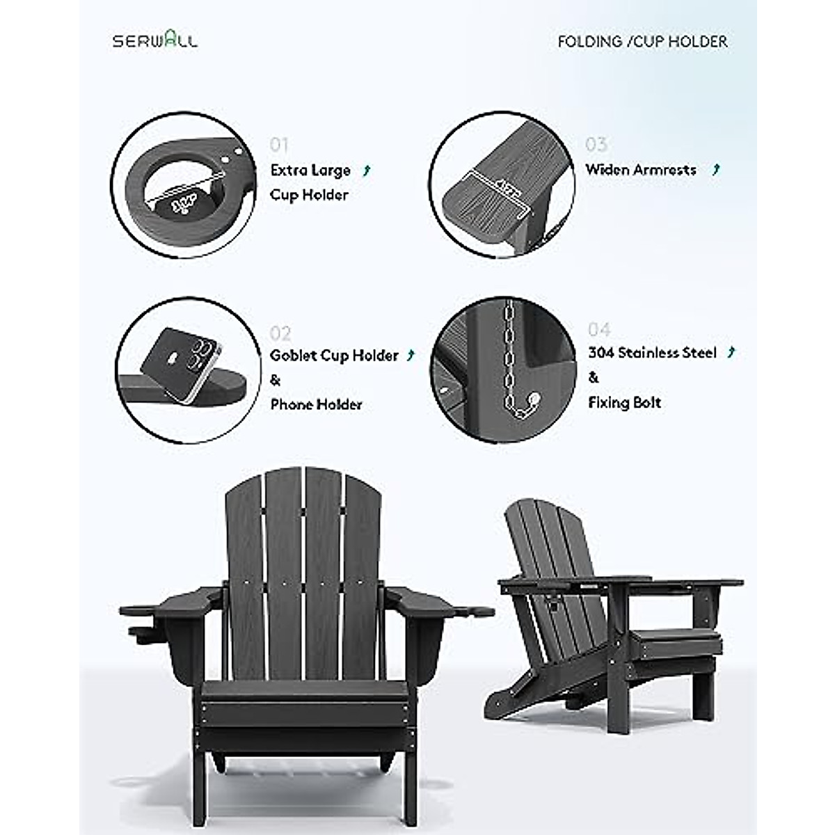 SERWALL Foldable Adirondack Chair, HDPE Adirondack Chair with Wood-Texture-Gray