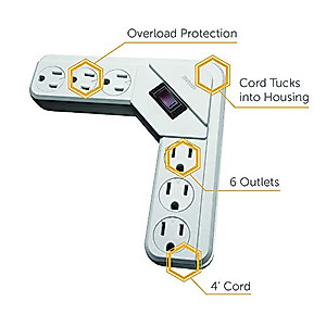 Woods 41378 L L-Shaped Power Strip with 6 Outlets Overload Safety Feature, 4 Foot Cord, White