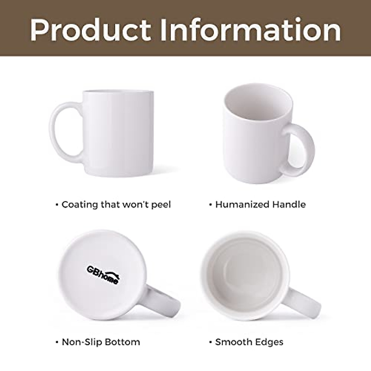 GBHOME Sublimation Mugs Blank, 12 OZ White Ceramic Sublimation Cups, Bulk Mugs for Coffee, Milk, Latte, Hot Cocoa, Set of 6