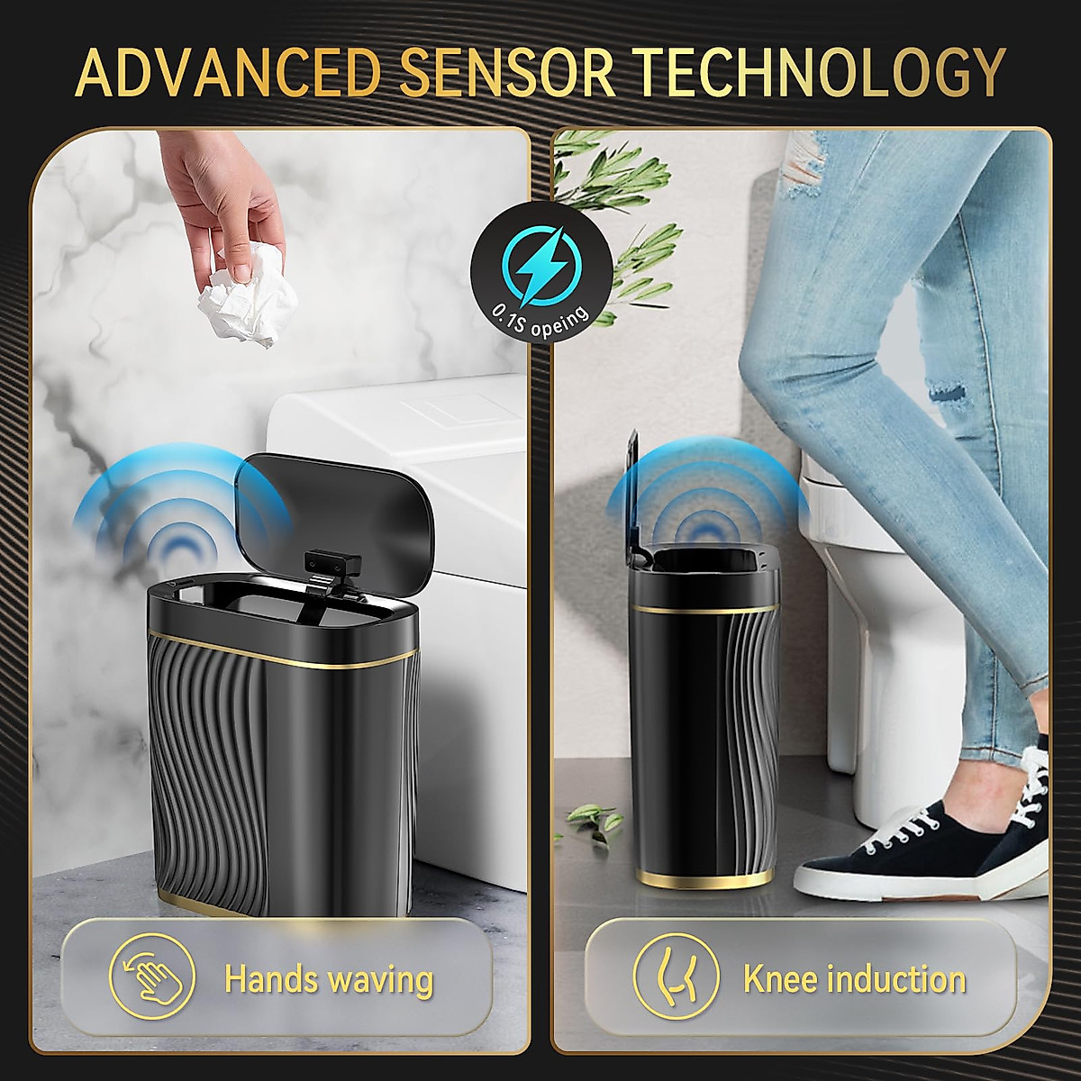 GloDeals Automatic Bathroom Trash Can with Lid: 2 Gallon Motion Sensor Trash Can, Touchless Small Bathroom Trash Bin, Waterproof Smart Garbage Can for Bathroom, Bedroom, Office, rv(Black)