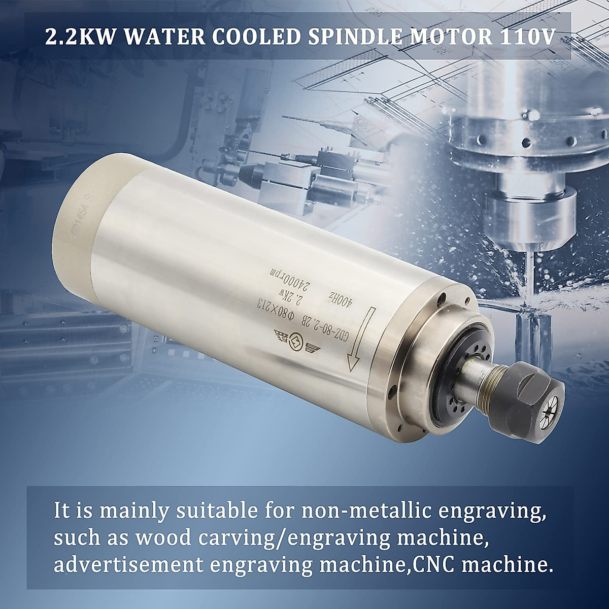 RATTMMOTOR 2.2KW Spindle Motor 110V, CNC Water Cooled Spindle Motor 80mm, 24000RPM High Speed Spindle Motor ER20 Collet 15A 400HZ for CNC Router Machine, CNC Engraver Milling Machine