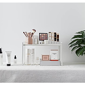 Nxconsu 2Pack Stackable Cabinet Shelf Organizer Storage Rack Shelf Riser for Kitchen Pantry Cupboard Bathroom Under Sink Counter Countertop Desk Space Saver Freestanding Heavy Duty Nonslip White Tall