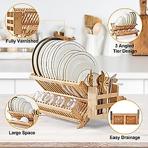 APTWOW Bamboo Dish Drying Rack with Utensil Holder, 3 Tier Collapsible Wooden Dish Drying Rack, Large Widening Bamboo Drying Rack for Kitchen Counter