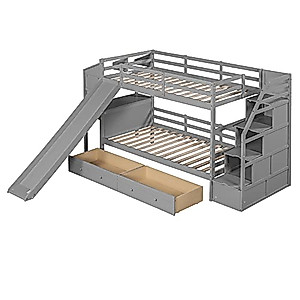 SIYSNKSI Twin Over Twin Bunk Bed with Storage Staircase and Slide, Wooden Bunk Bed Frame with Desk and Drawers, Multifunctional Bunk Bed for Kids Teens Adult Bedroom (Gray + Pine-Twin-04)