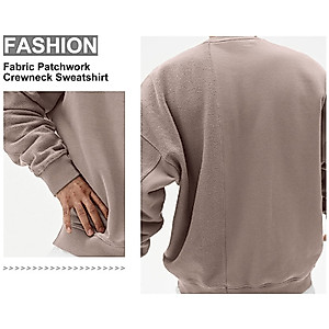 Surenow Mens Patchwork Crewneck Sweatshirt Long-Sleeve Lightweight Terry Sweatshirt Casual Workout Pullover Shirt Tops Khaki