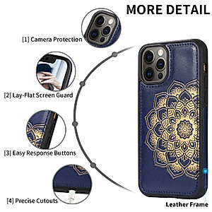 CASEOWL iPhone 12 Pro Max Case Wallet Magnetic Detachable [Support Magnetic Car Mount] with Card Holder,Hand Strap,Embossed Mandala Pattern Leather Lanyard Wallet Case[Navy Blue]
