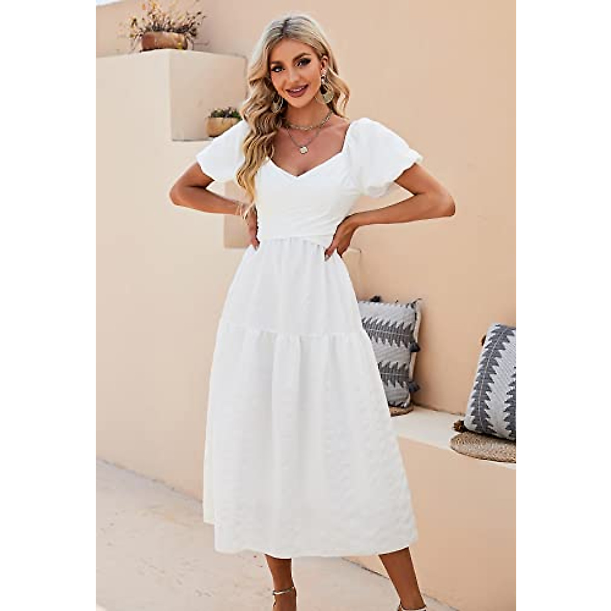 ANNA&CHRIS Womens Summer Puff Sleeve Midi Dress A Line V Neck High Waist Tie Back Smocked Tiered Boho Wrap Dresses White L