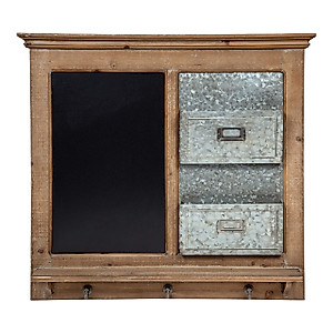 Kate and Laurel Idamae Wood Framed Chalkboard Wall Organizer with Mail Holders and Key Hooks, 28" x 25", Rustic Brown, Farmhouse-Inspired Chalkboard