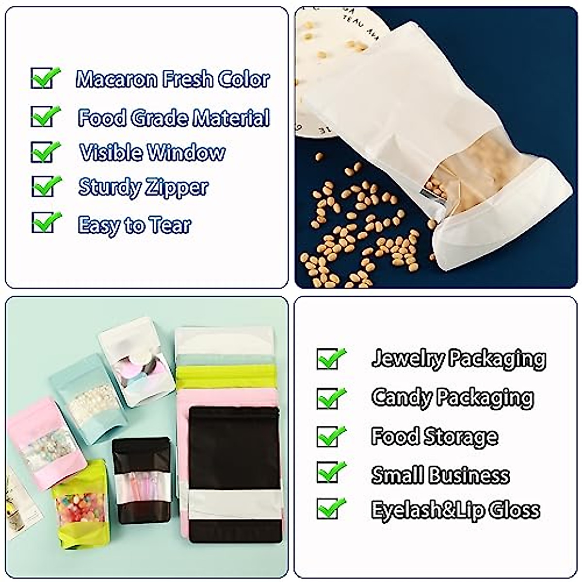 200 PCS-Stand Up Mylar Bags for Food Storage 5.5x7.9, Resealable Ziplock Bags with Visible Window Foil Pouch Bags Great for Packaging Small Craft, Lipgloss, Jewelry Packaging for Small Business