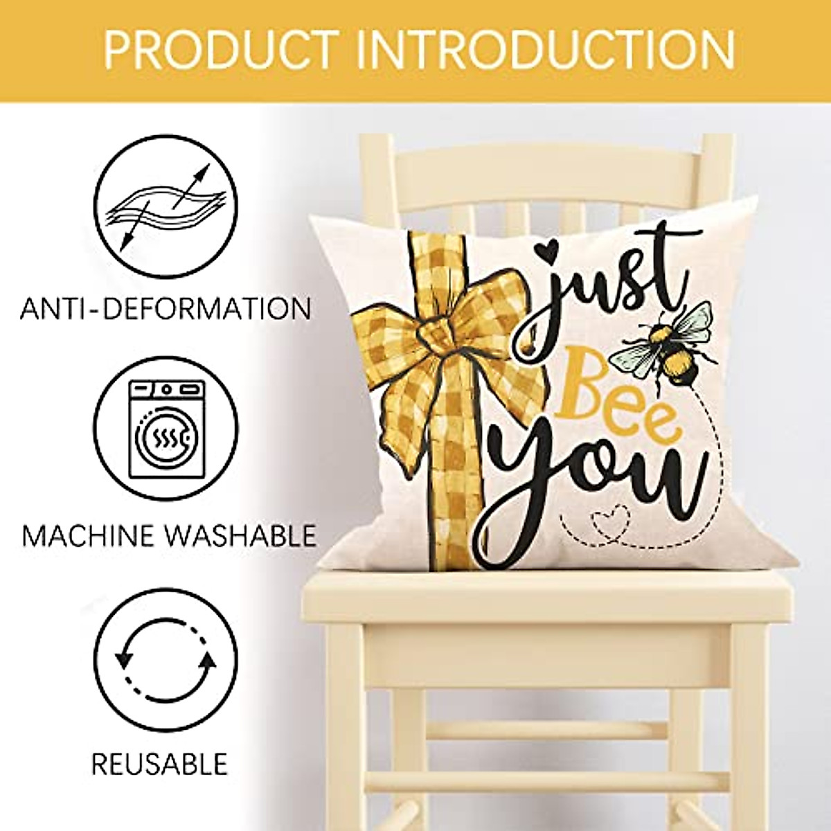 Fjfz Spring Bumble Bee Sunflower Decorative Throw Pillow Covers 18x18 Set of 4, Summer Farmhouse Black White Stripe Porch Patio Home Decor, Yellow Buffalo Plaid Check Quote Outdoor Couch Cushion Case