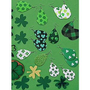 16 Pairs St. Patrick's Day Shamrock Dangle Earring Faux Leather Clover Drop Earrings Green Plaid Teardrop Earrings