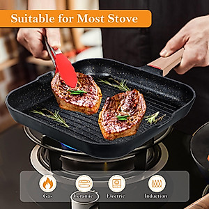 Barlket 11 inch Grill Pan for Indoor Cooking Nonstick Square Grill Skillet Griddle Pan for Stove Top, with Pour Spouts & Tongs, for Grilling Meat/Vegetables, Die Casting Aluminum