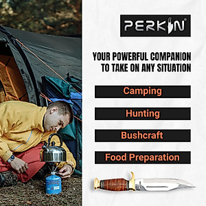 Hunting Knife with Sheath - 12.5" Fixed Blade Knife with Leather Handle & Sheath - 59-60 HRC Rated & Full Tang Design Hunting Knife for Survival, Fishing, Tactical, Camping & Bushcraft - Perkin Knives