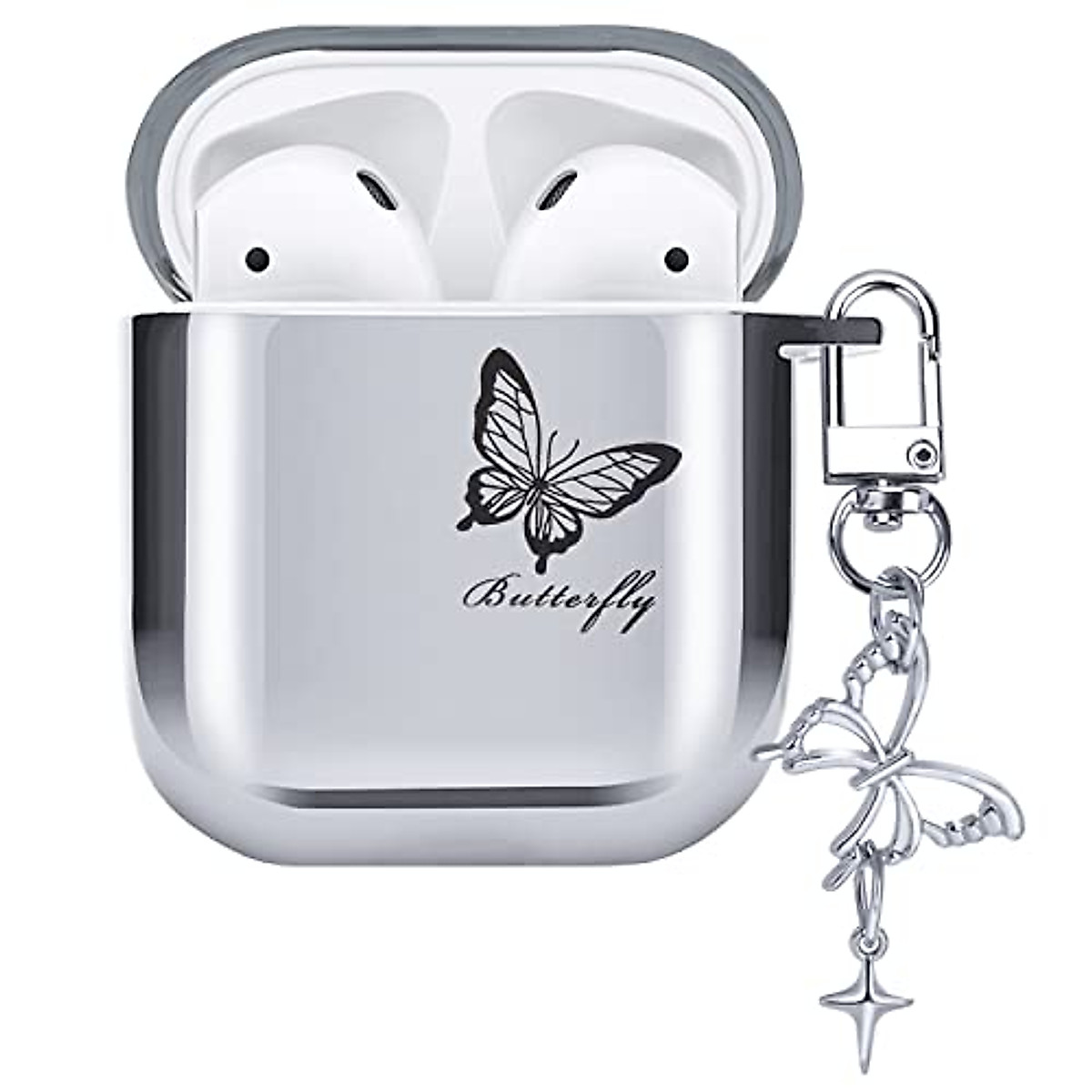 Cute AirPods Case with Beautiful Butterfly Pendant, Soft Silicone Protective Electroplating Cover Compatible with 2nd and 1st Generation Case