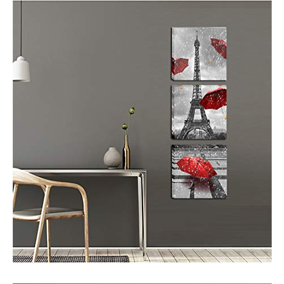 Meiji Paris Eiffel Tower Canvas Wall Art Decor Red Umbrellas Poster Prints Pictures Artwork for Living Room Ready to Hang (Red, 12X12inchx3 (30x30cmx3))