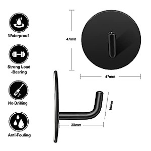 SouLips Adhesive Hooks, Self Adhesive Black Wall Mount Hanger for Key Robe Coat Towel, Heavy Duty Super Strong Stainless Steel Hooks for Kitchen Bathroom Toilet, No Drill No Screw, Waterproof, 4 Pack