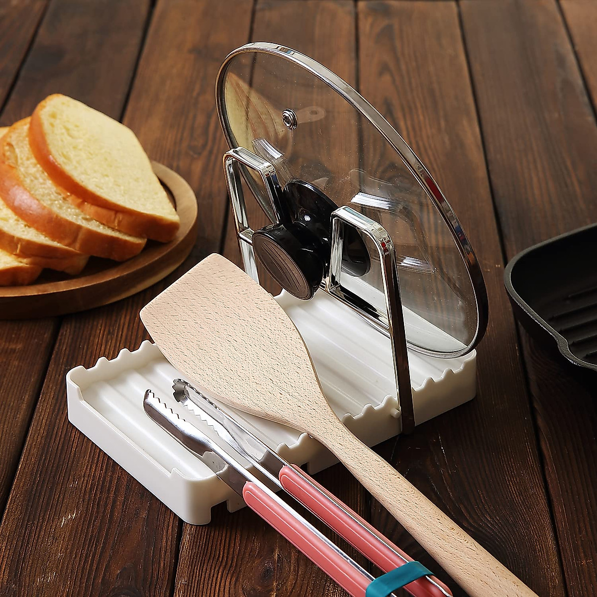 GuoGuo Wu Multifunctional Lid and Spoon Holder for Kitchen, Foldable Spatula/Ladle/Spoon Rest for Countertop and Stove Top, Multifunctional Holder for ipad, phone, Water Cup - White, 1 Pack