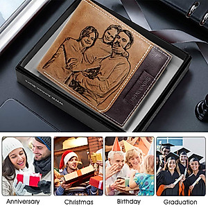 Amlion Personalized Custom Wallets, Engraved Leather Photo Wallet for Men Dad Husband Brown