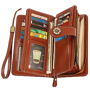 Pearl Angeli Women Wallet Genuine Leather Charming Ladies Wristlet Tri-fold Rfid Blocking Credit Card Holder Organizer Clutch（Brown）