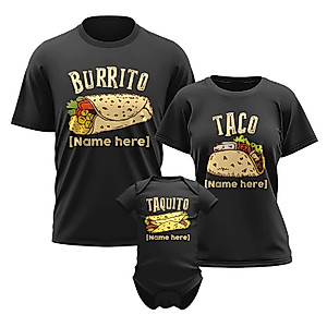 365fury Personalized Family Matching Shirt for 3, Burrito Taco & Taquito Matching Shirts Outfit Black, New Parent Gifts, Baby 1st Birthday, First Fathers Day