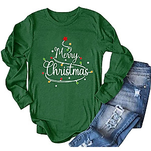 FASHGL Christmas Shirt Women Merry and Bright Pullover Christmas Lights Graphic T Shirts Xmas Long Sleeves Tops Green