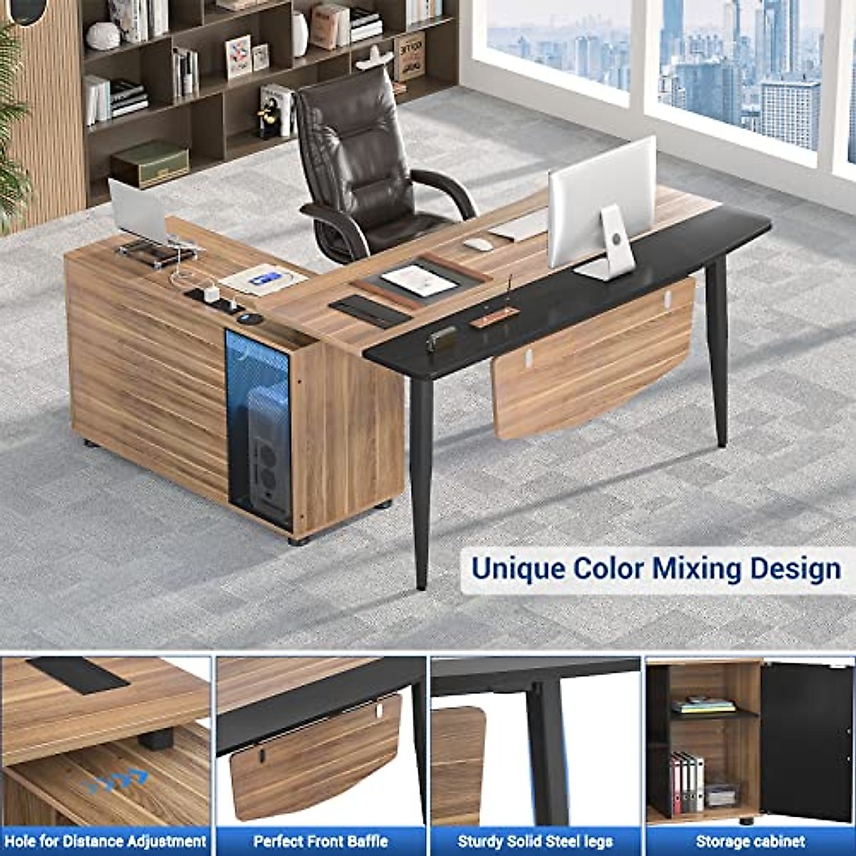 Unikito L Shaped Desk with File Cabinet & Power Outlet, 55 Inch Large Corner Computer Desks with LED Strip, L-Shaped Computer Desk with Door and Storage Shelves for Home Office, Rustic Walnut