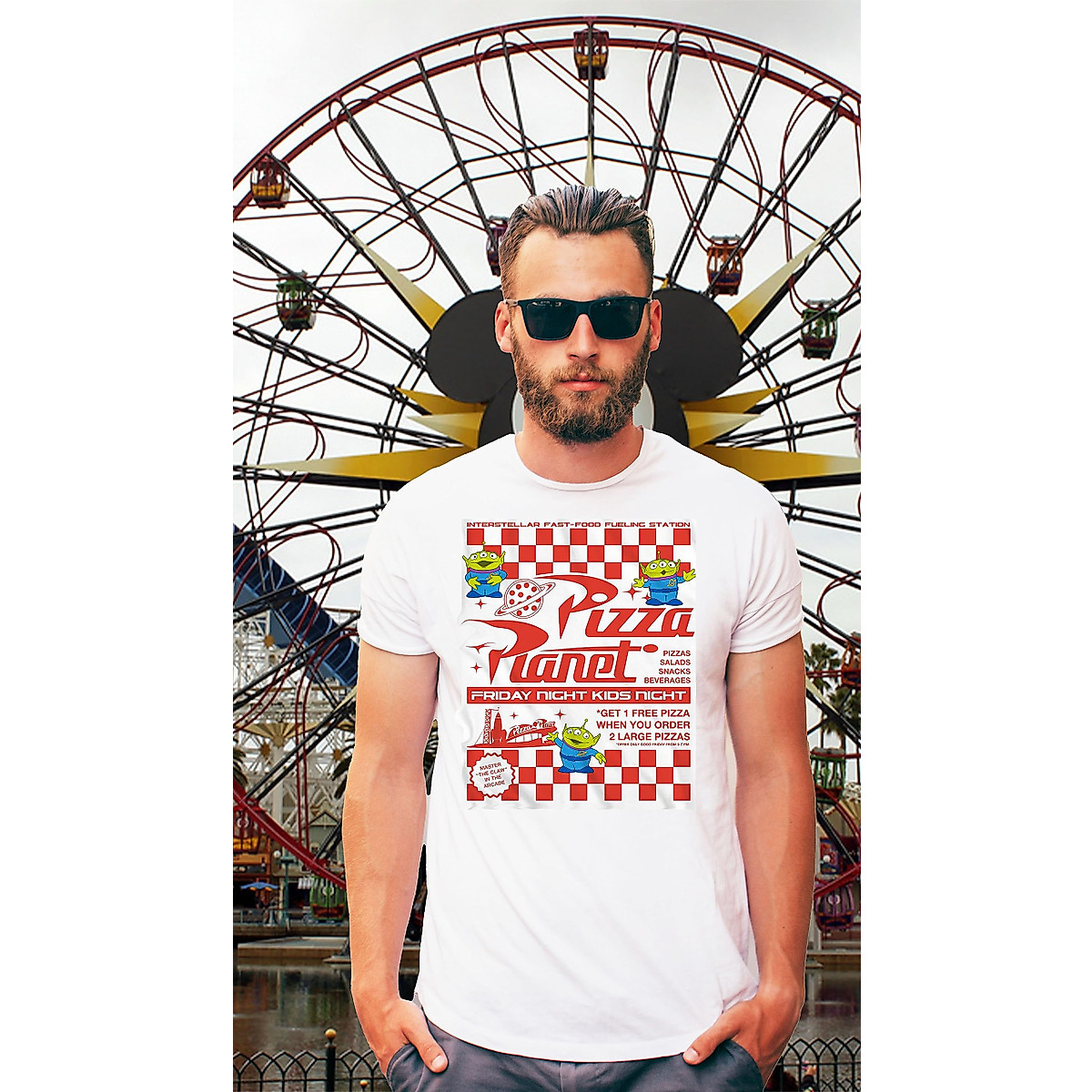 Disney Pixar Toy Story Pizza Planet Take Out Flyer Disneyland World Tee Funny Humor Men's Graphic T-Shirt(XL, White)