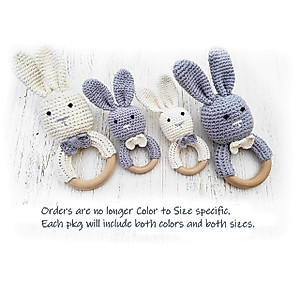 Natural Wooden Baby Toys Cotton Crochet Bunny Teething Ring Teether Rattle Set of 2 Newborn Unisex Baby (Grey Mama White Baby)