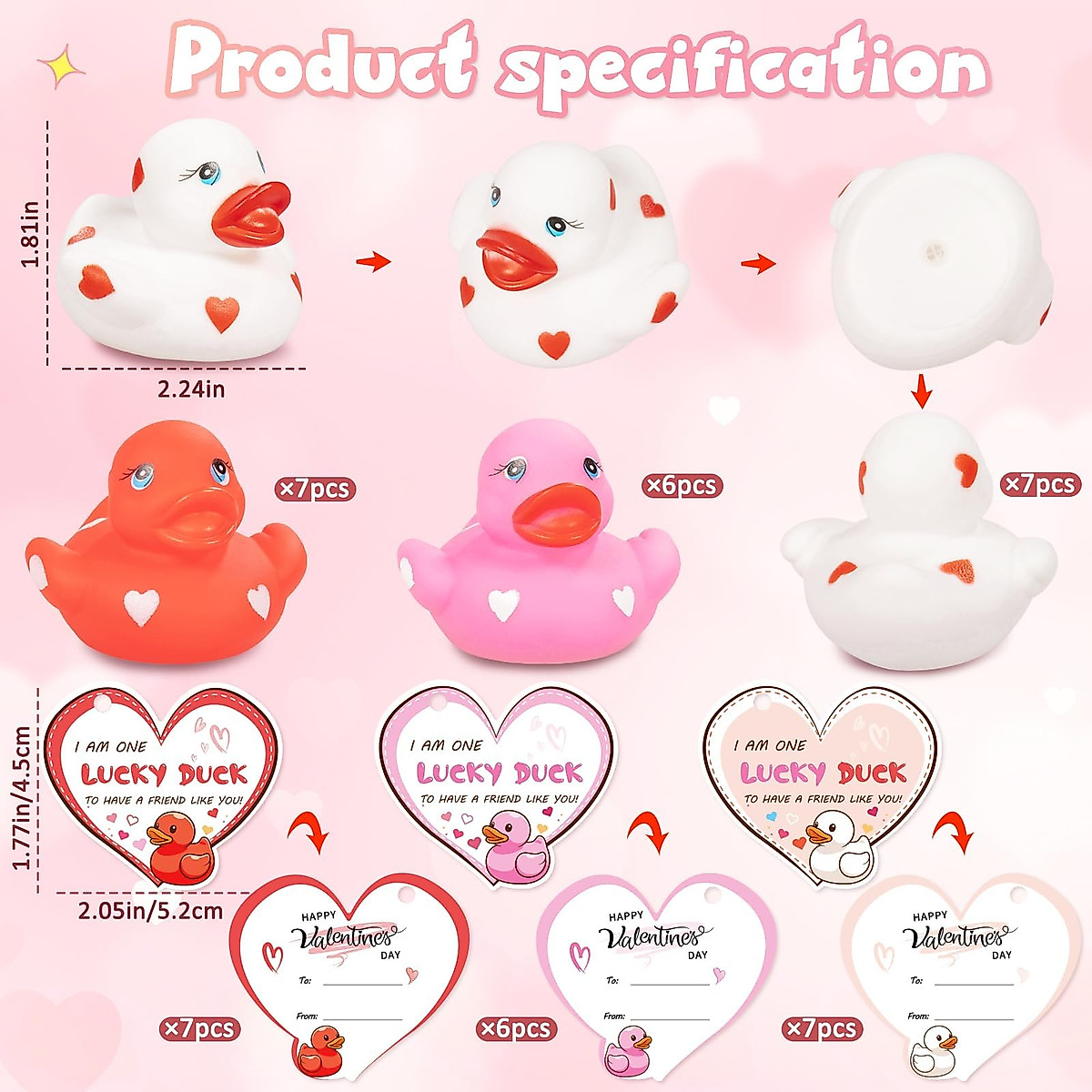 kockuu 20pcs Rubber Ducks with Cards Gift Valentines Day Party Favors Small 2.36” Assorted Pink Red White Squeaky Duckies in Bulk with Love Heart Cards Treats Giveaways for Kids Cupcake Topper