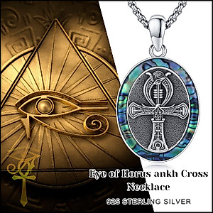 StoryEtain Ankh Necklace Sterling Silver Egyptian Eye of Horus Ankh Cross Pendant Necklace Oval Abalone Shell Ancient Egyptian Horus Bird Symbol of Protection Jewelry for Men Women