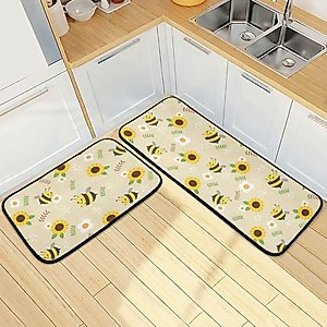 Spring Cute Bee Sunflower Kitchen Rugs Set of 2, Daisy Flral Floor Runner Area Rug Washable Carpet Mat Perfect for Living Room Bedroom Entryway