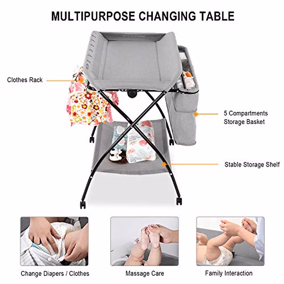 JOYMOR Portable Diaper Changing Station,Folding Baby Changing Table for Infant, Moblie Diaper Changing Table with Wheels, Large Storage Basket ＆ Shelf Portable Nursery Organizer (Grey)