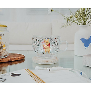 Disney Winnie the Pooh and Piglet Floral Glass Mug | Large Coffee Cup For Espresso, Tea, Mocha | Holds 16 Ounces
