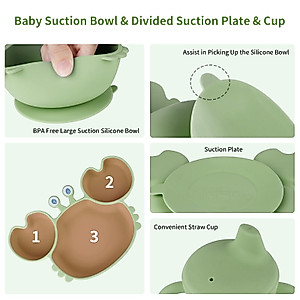 Silicone Baby Feeding Set with BPA-Free Suction Plates, Bowl, Silicone Bibs, Sippy Cup, 2 Set Forks and Spoons for Babies 8PCS Baby Led Weaning Supplies Self Feeding Utensils for Toddlers Kids (Green)